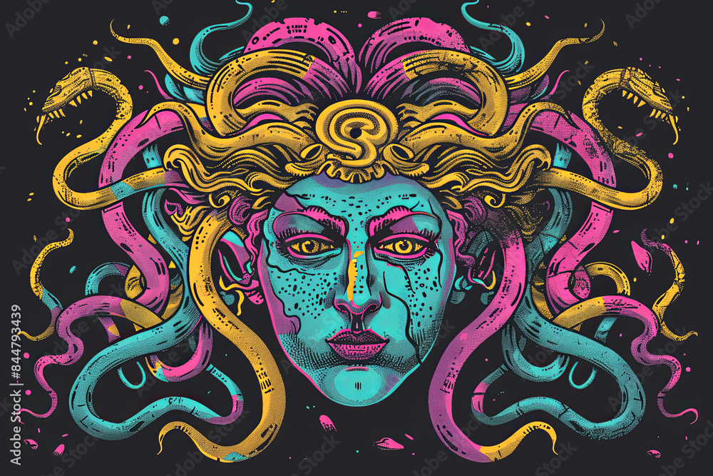Medusa street style graphic design. Textile artwork for t-shirts. Pop ...