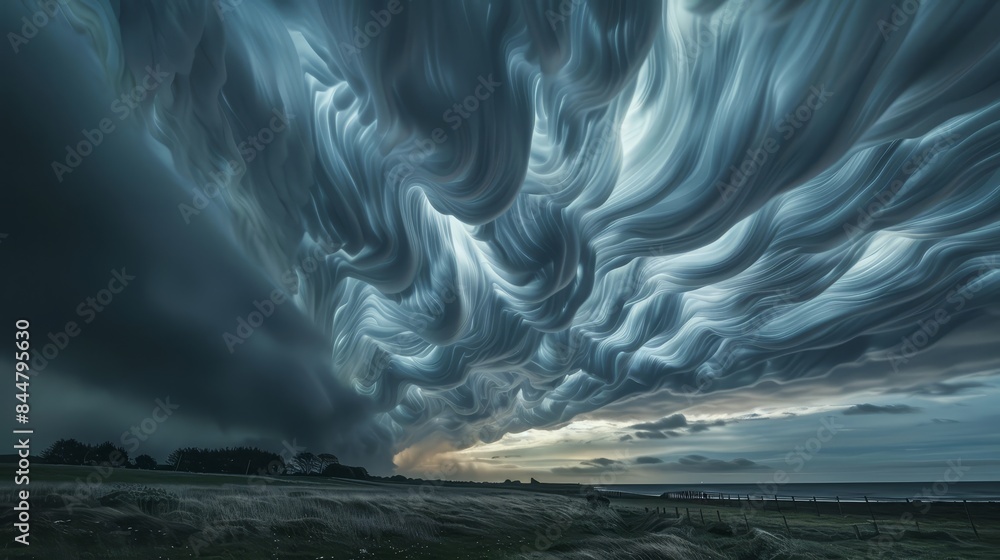 Dramatic sky filled with dark, swirling clouds, illuminated by eerie ...