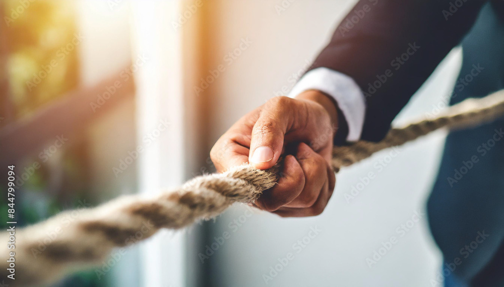 hand gripping tightly onto a rope in a tug of war, symbolizing struggle ...