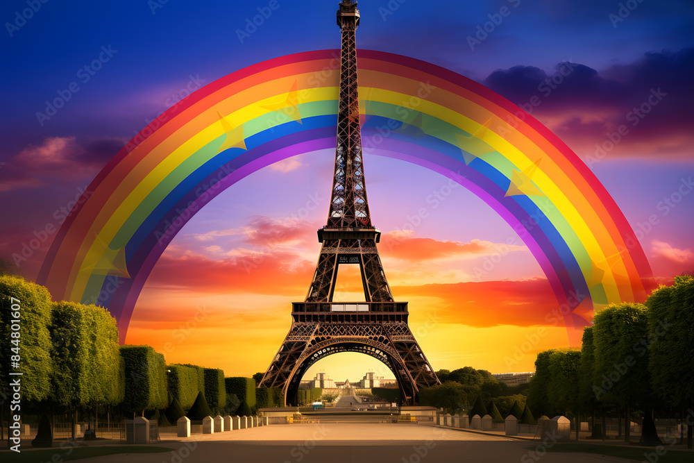 Rainbow Arch Overlapping with the Eiffel Tower on a Sunset Background ...