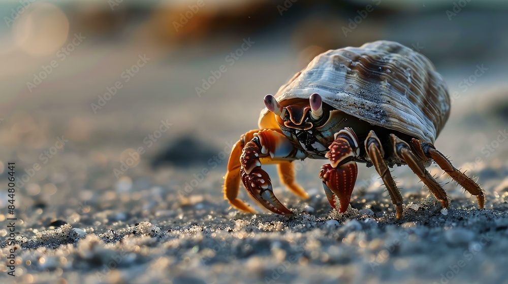 A small hermit crab scuttles across the sand, its tiny claws clutching ...