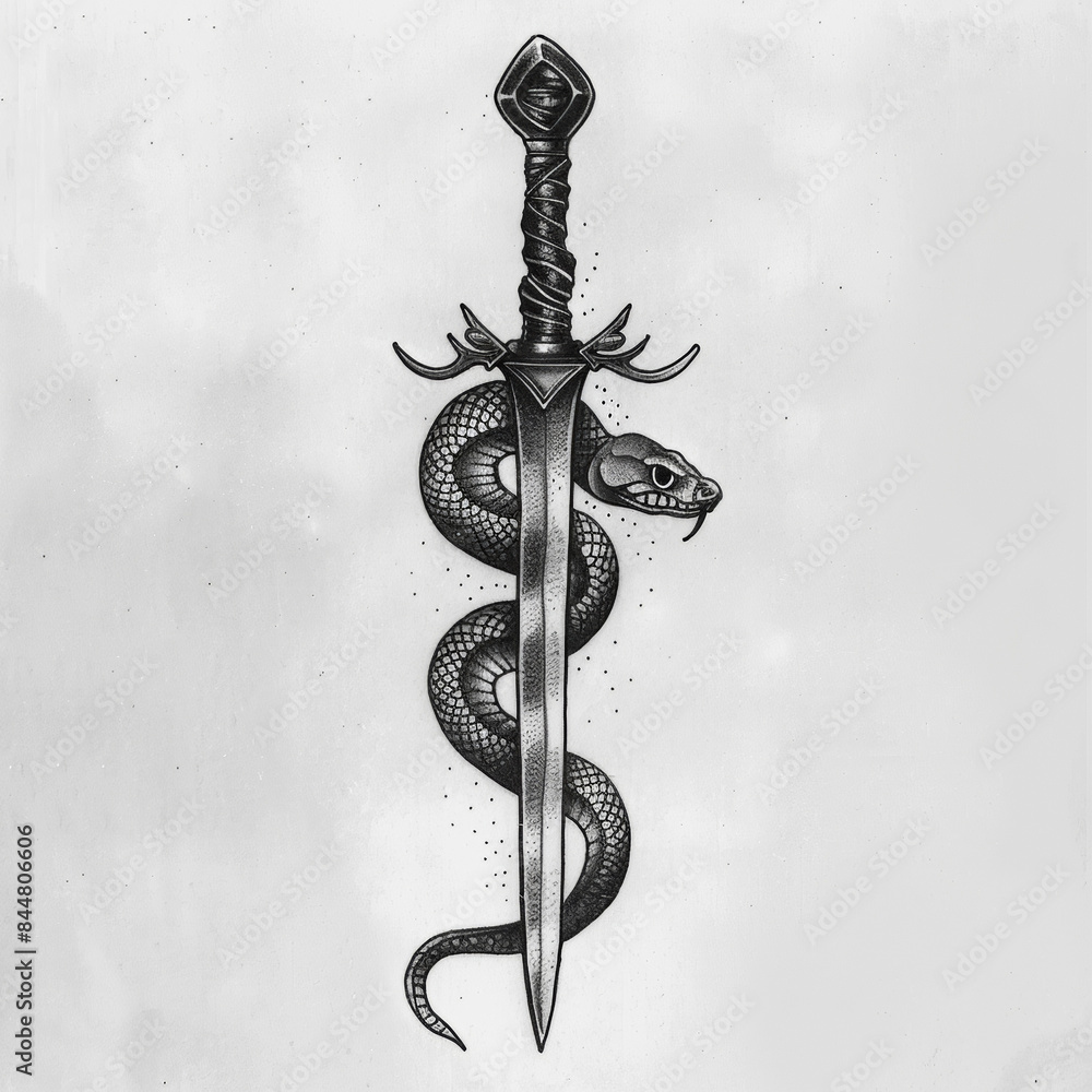 Black and white illustration of a sword entwined with a snake. Detailed ...