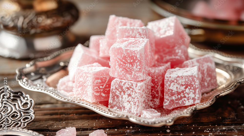 Pieces of pink Turkish delight arranged on a beautiful metal platter ...