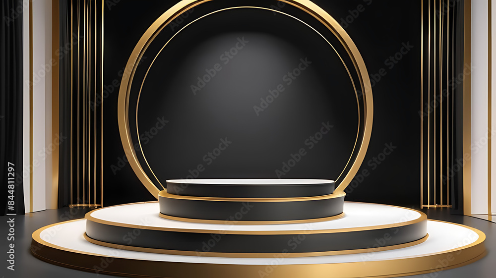 Product display exhibition modern stage design podium black stage, neon ...