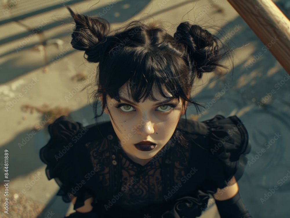 Gothic lola, black hair, bangs, short hair, hair buns, green eyes ...