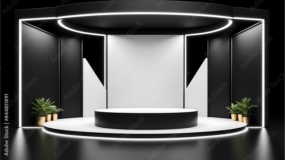 Product display exhibition modern stage design podium black stage, neon ...