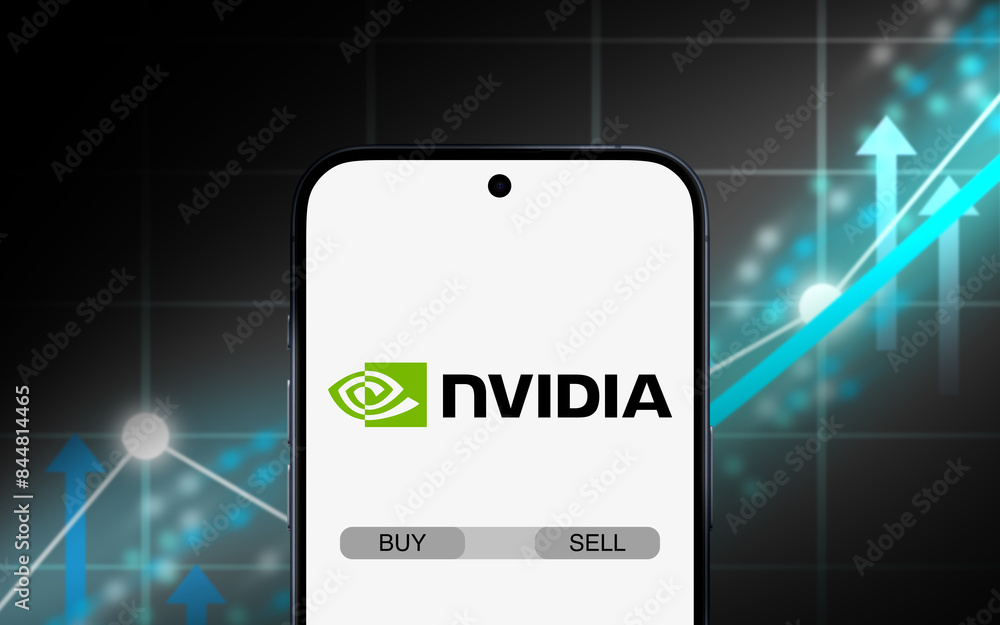 NVIDIA Logo shown on a modern smartphone, BUY / SELL option, blue ...
