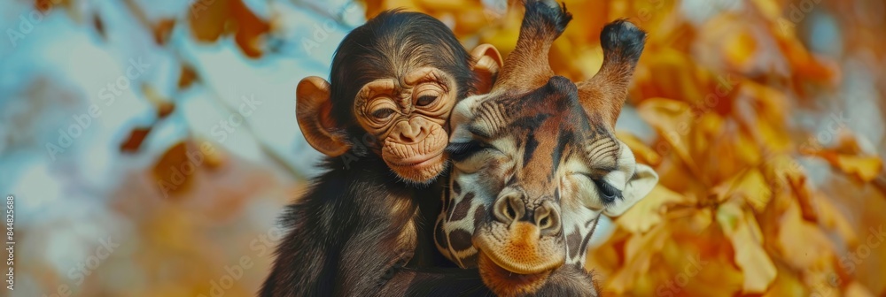 Baby Monkey Hugging Giraffe. monkey affectionately hugging a giraffe ...
