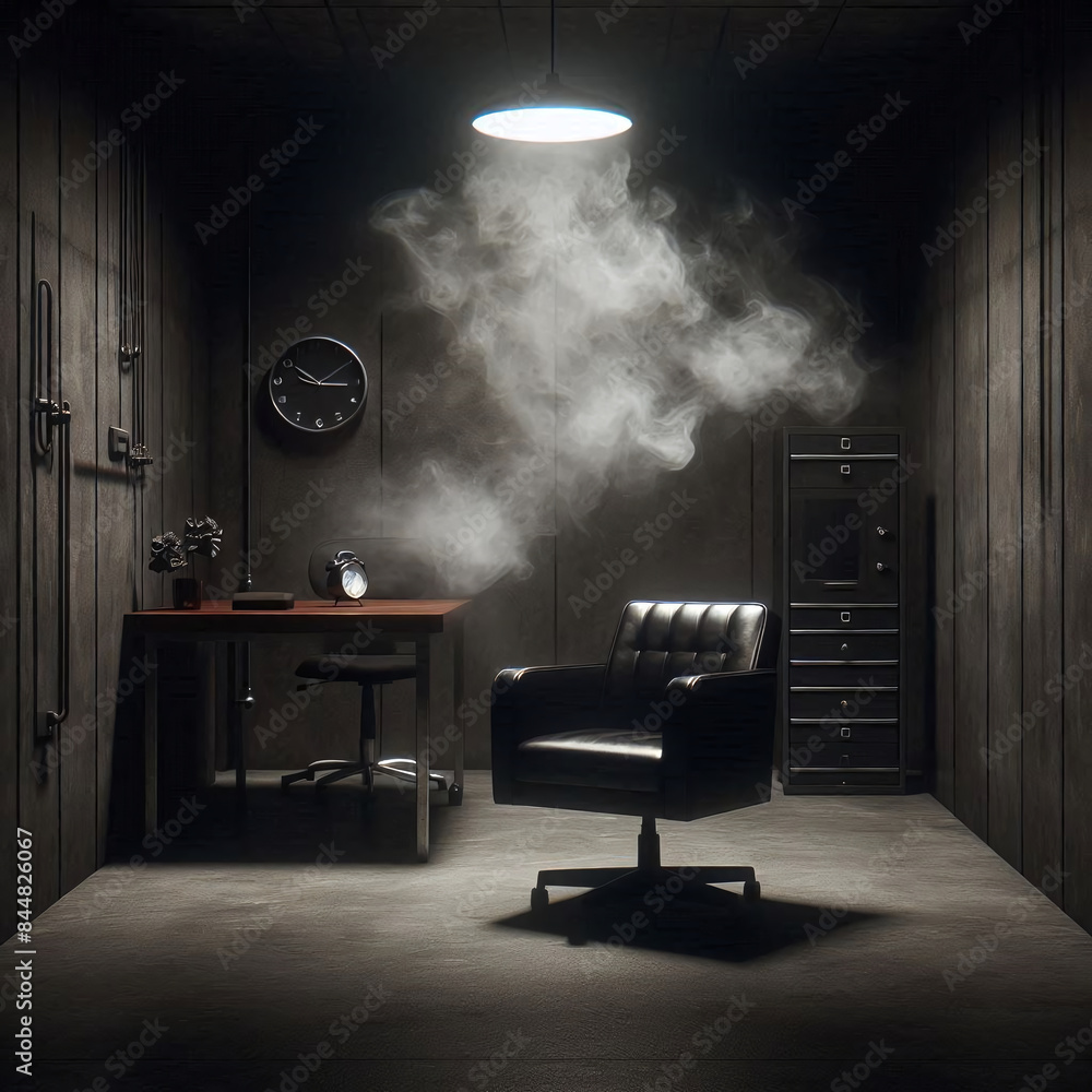 Empty dark workroom with a chair, interrogation room, dark wall ...