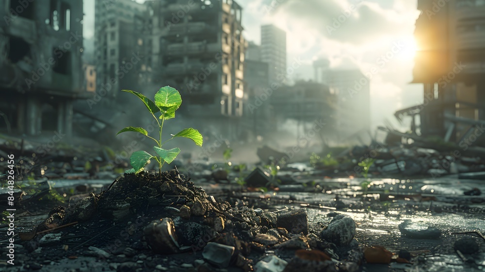 2D Illustrate, A stark image of urban devastation with new plants ...