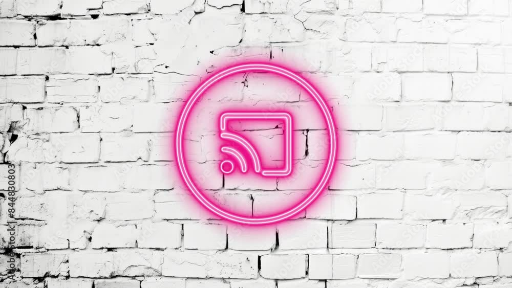 Video footage of glowing, neon Cast, Screencast Flicking Icon on brick ...