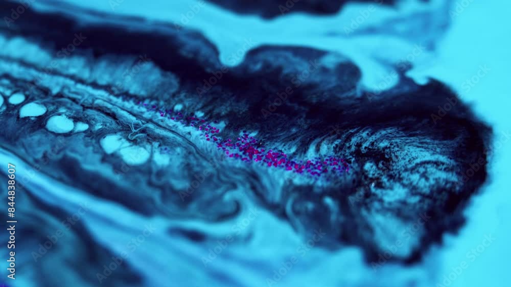 Stockvideon Ink spill. Acrylic paint flow. Defocused blue black color ...