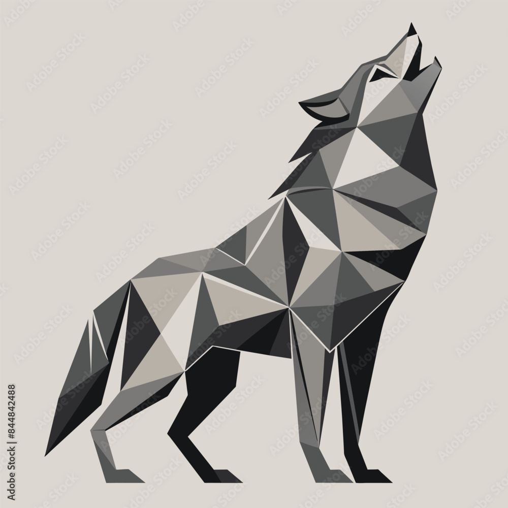 A digital illustration of a wolf howling, represented in a geometric ...