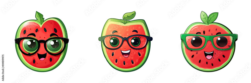 Vector illustration of three cartoon watermelons with glasses and ...