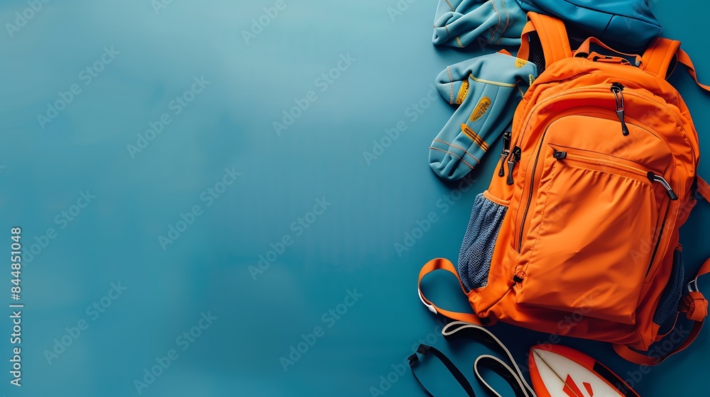 Ocean blue background, tangerine orange backpack with surfing wetsuits ...