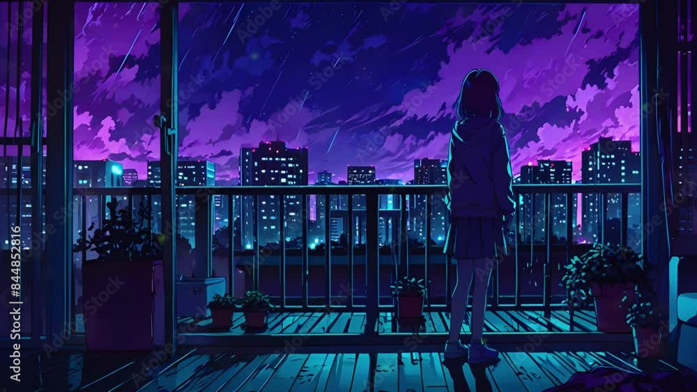 Anime lofi young girl in rooftop with the great city view listening to ... Anime lofi young girl in rooftop with the great city view listening to ...