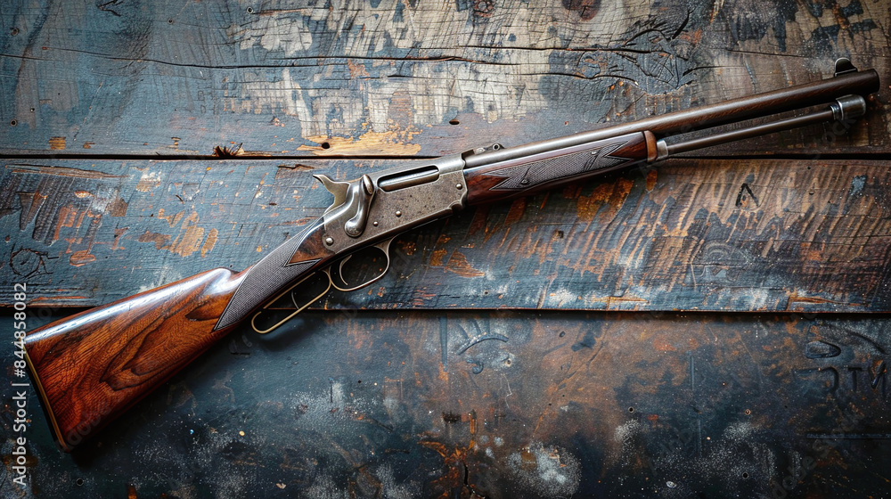 Vintage Lever Action Rifle on Rustic Wooden Surface representing ...