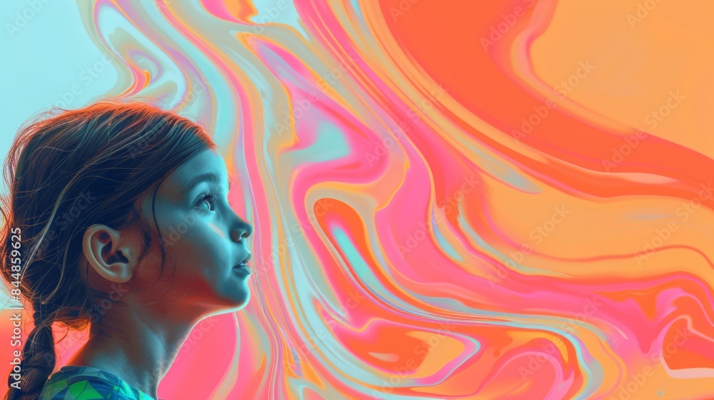 Horizontal banner. World ADHD Awareness Day. Head of a girl on a multi ...