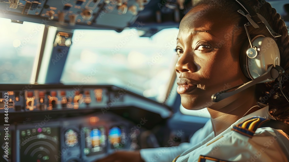 African American female pilot in an airplane cockpit. Concept of woman ...