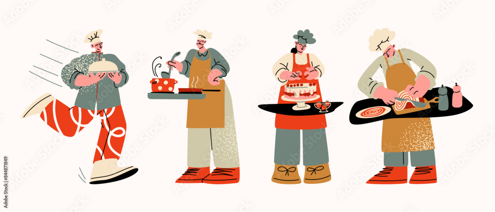 Cartoon characters bakers, chefs in uniform. Set of cooking mascots ...