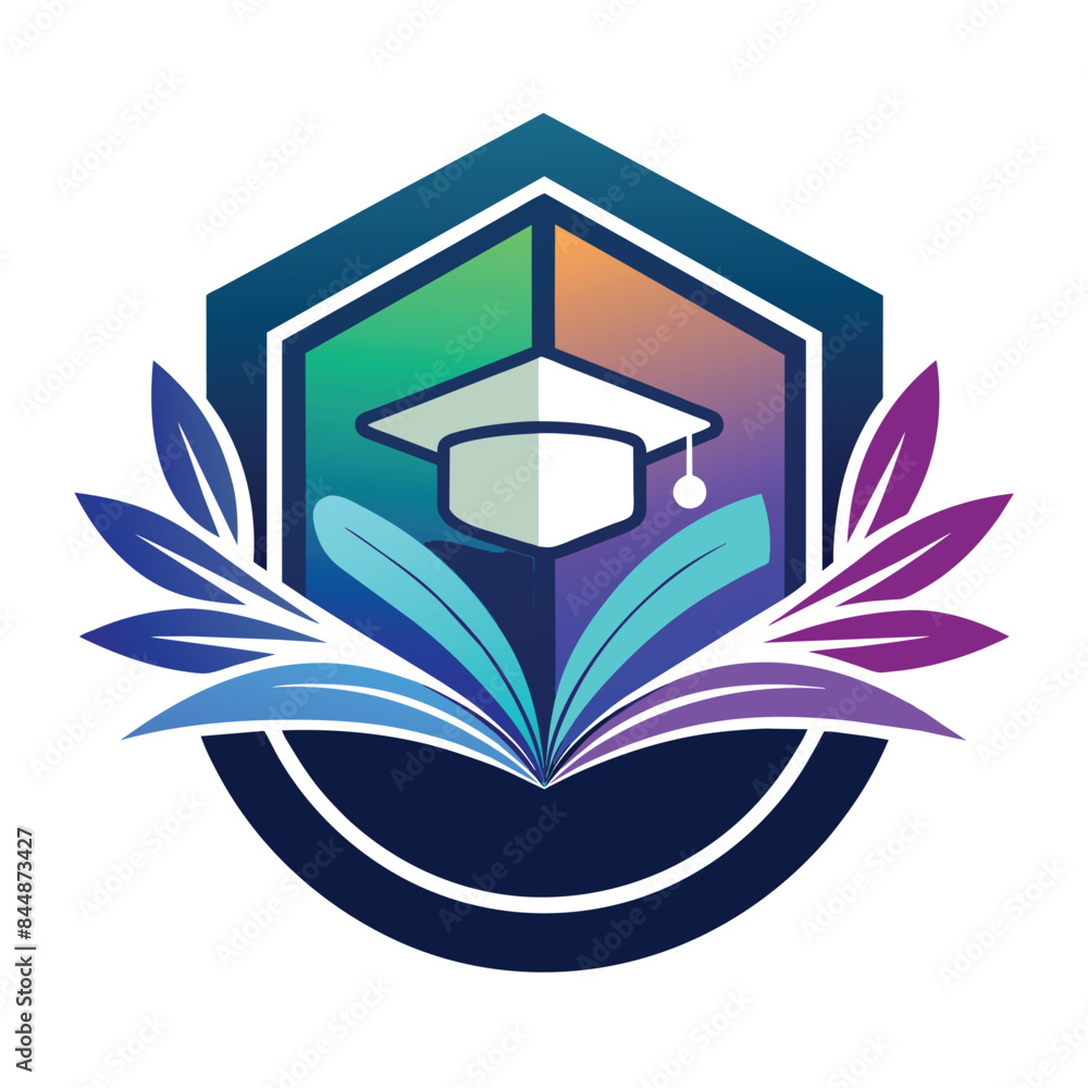 A colorful, modern logo design featuring a graduation cap, an open book ...