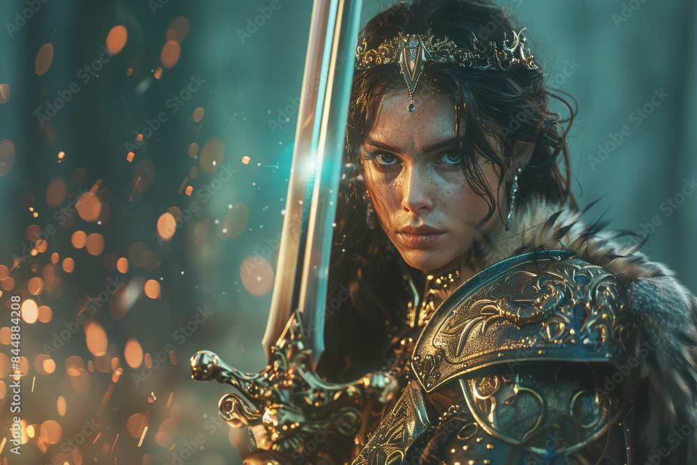 Fearless warrior princess armed with a magical sword and wearing armor ...