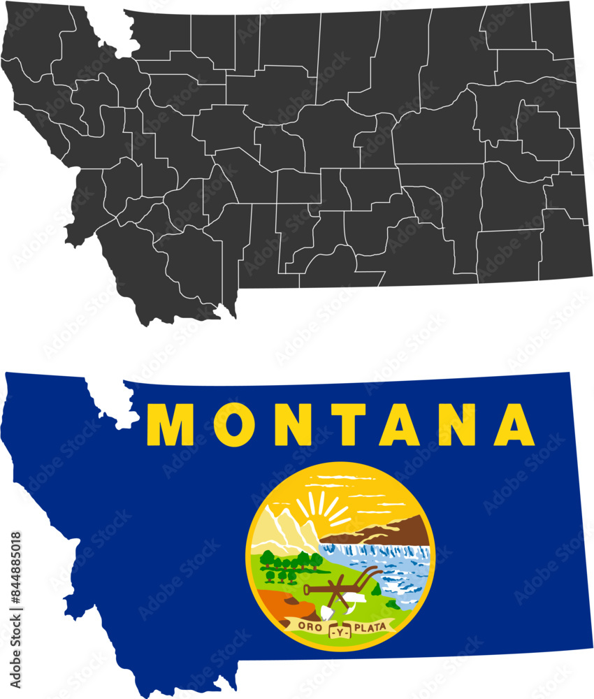 Montana state of USA. Montana flag and territory. States of America ...