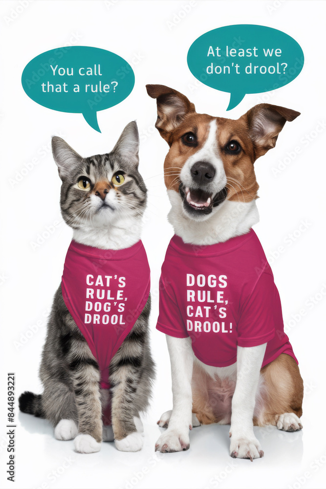 Cat and dog wearing t-shirts with speech bubbles saying 'cats rule ...