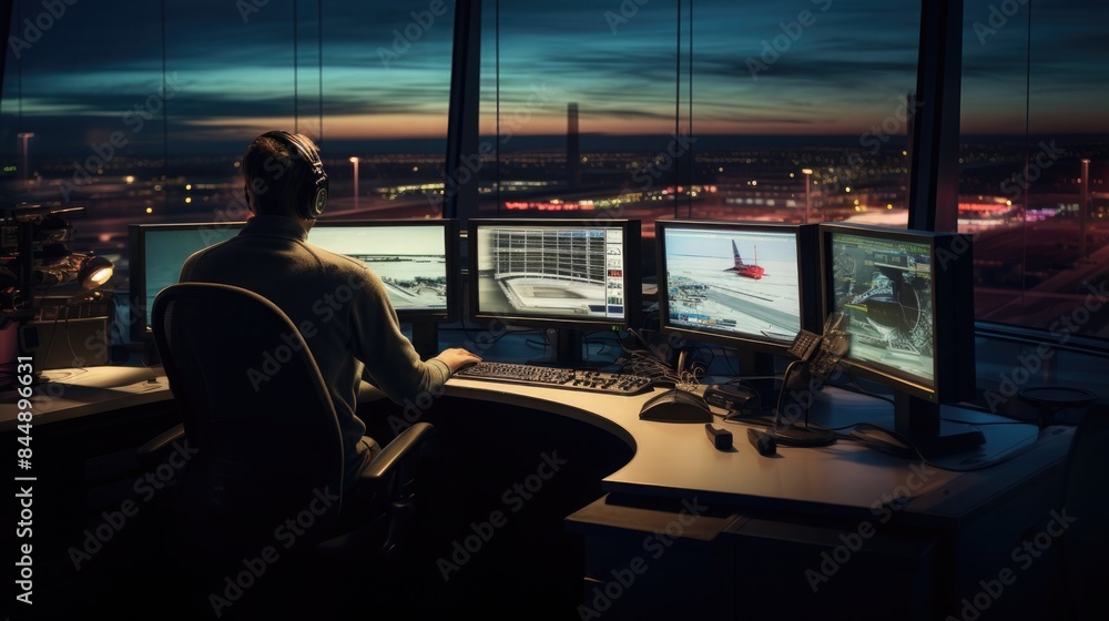 workplace of an air traffic controller. Airport Dispatch Tower interior ...