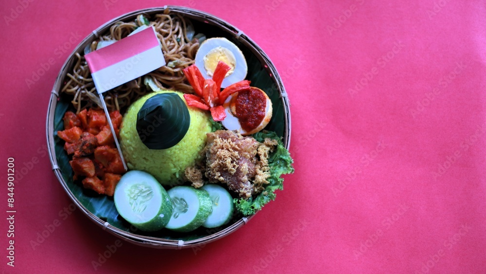 Tumpeng Merah Putih, yellow cone shaped rice with red and white flag or ...