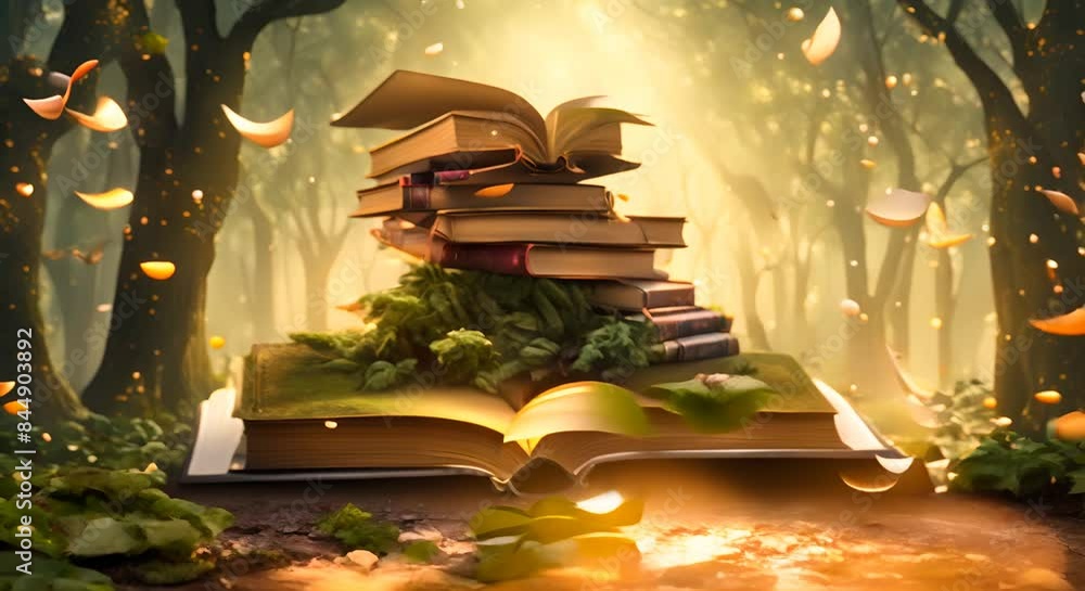 Old books in the magic forest Fantasy world 3D rendering Enter a ...