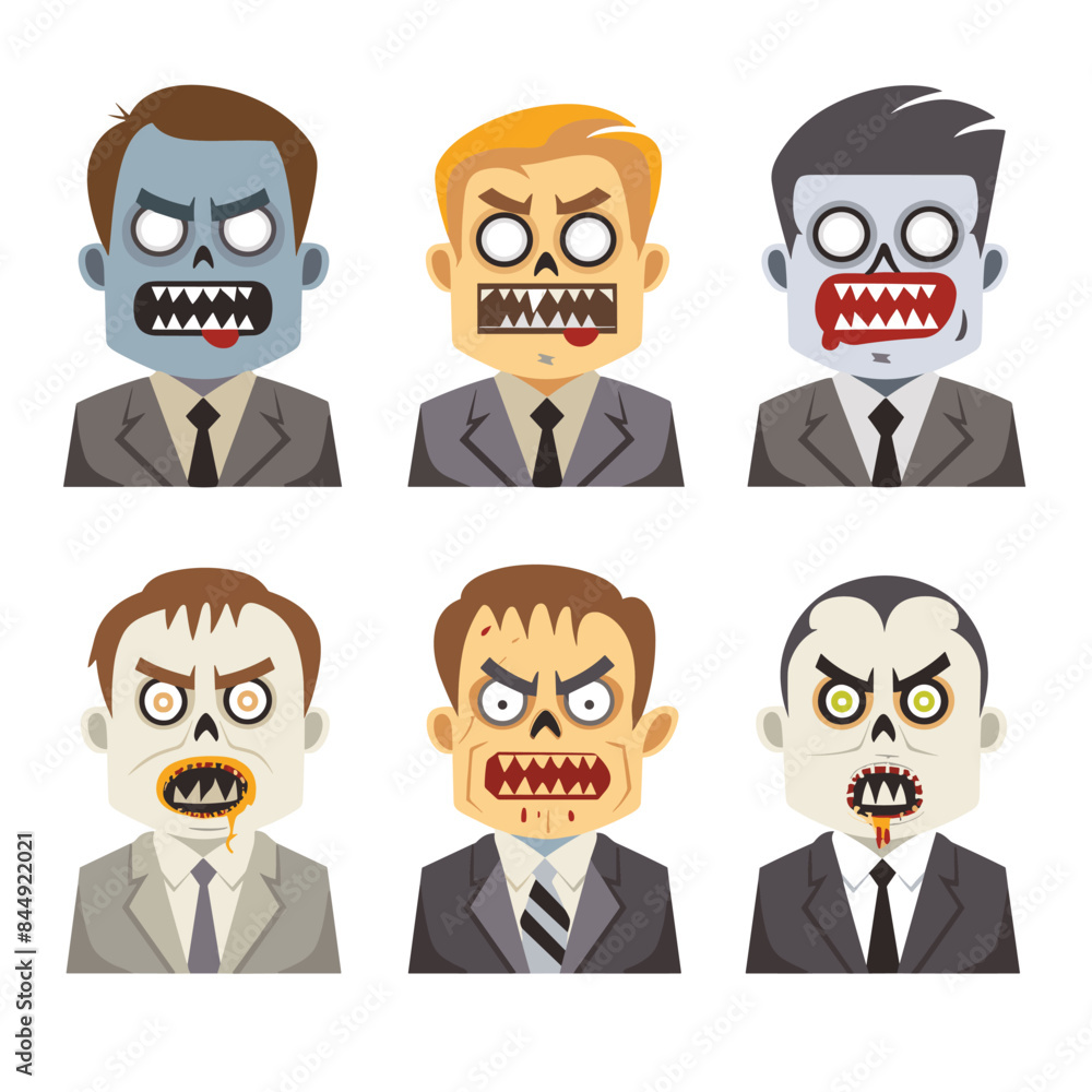 Six cartoon zombie businessmen expressing anger, hostility, and ...