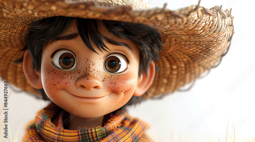 A cartoon boy with freckles and a straw hat smiles for the camera ...