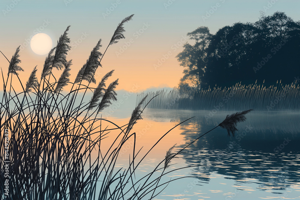 A lakeshore with tall reeds swaying gently, a silhouette in a half-moon ...