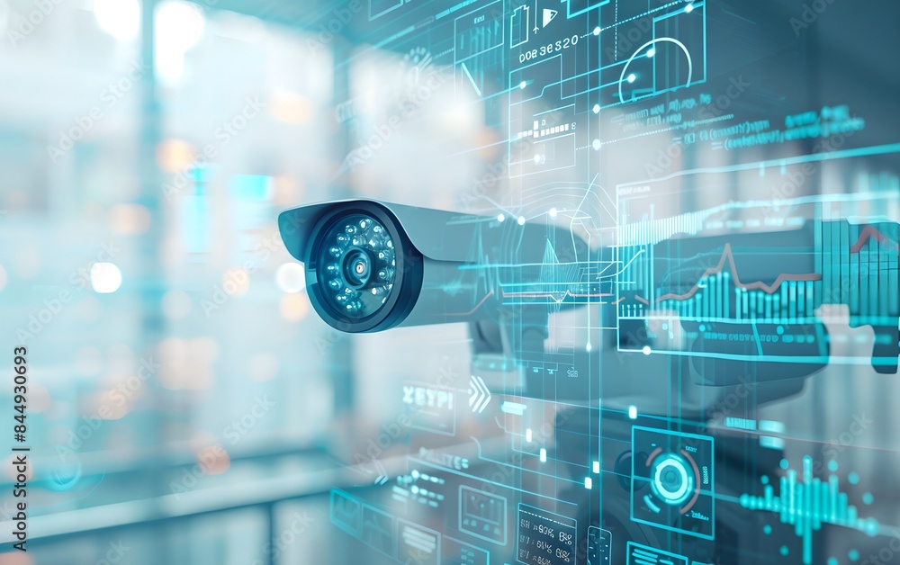 CCTV camera with futuristic digital interface against modern office ...