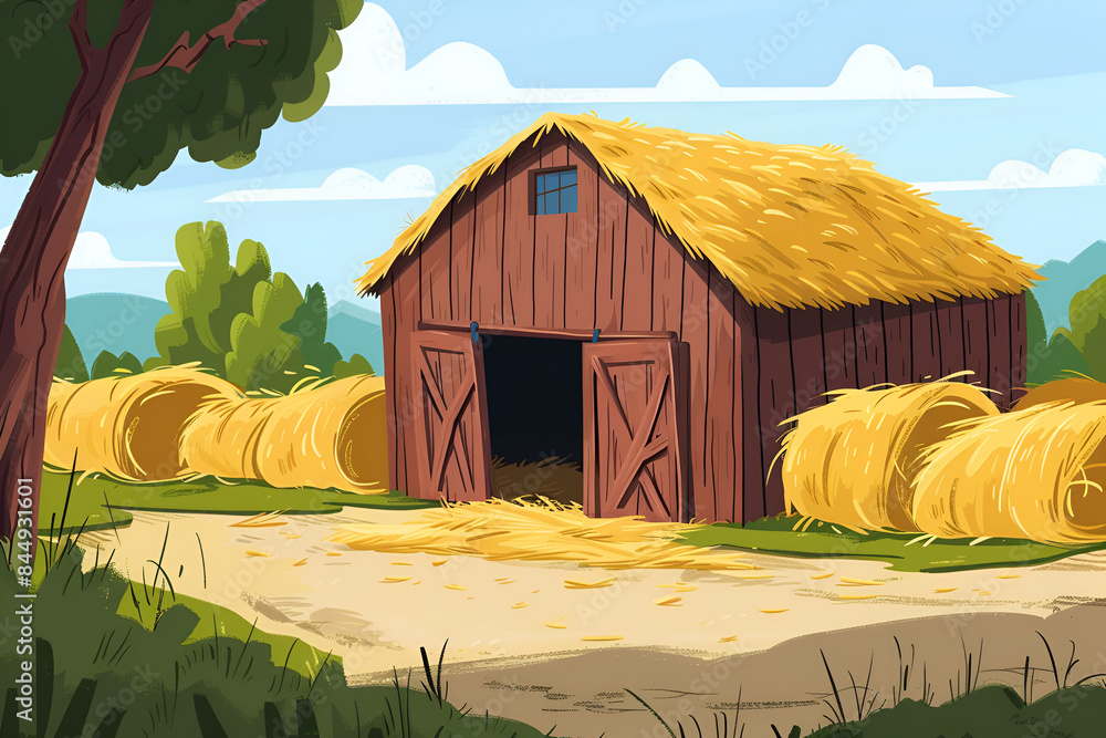 Farm-themed cartoon barn design featuring straw bales and hay piles ...