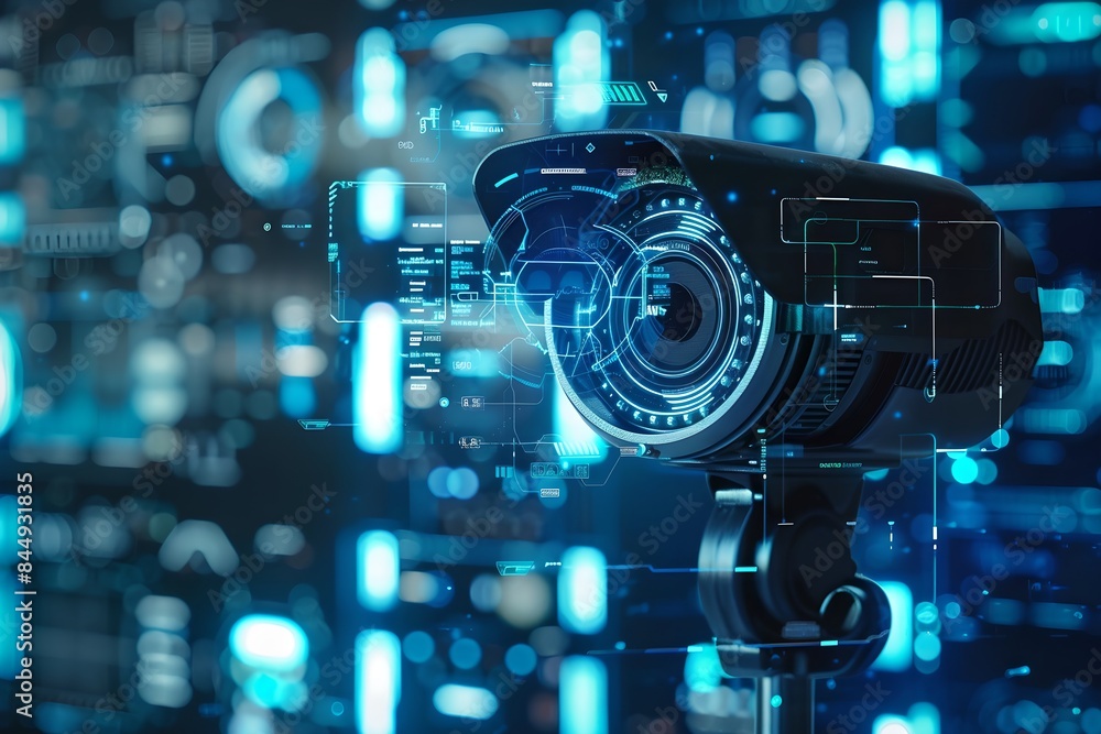 CCTV camera with futuristic digital interface background. Advanced ...