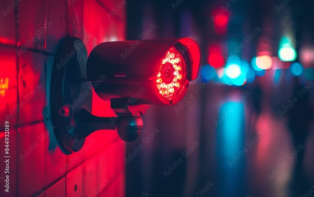 CCTV camera with red lights in night city street. Surveillance system ...