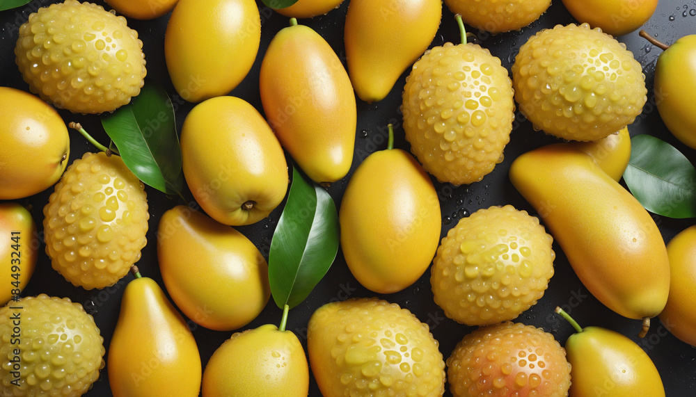 Vibrant yellow mango fruit pattern dripping with water droplets and ...