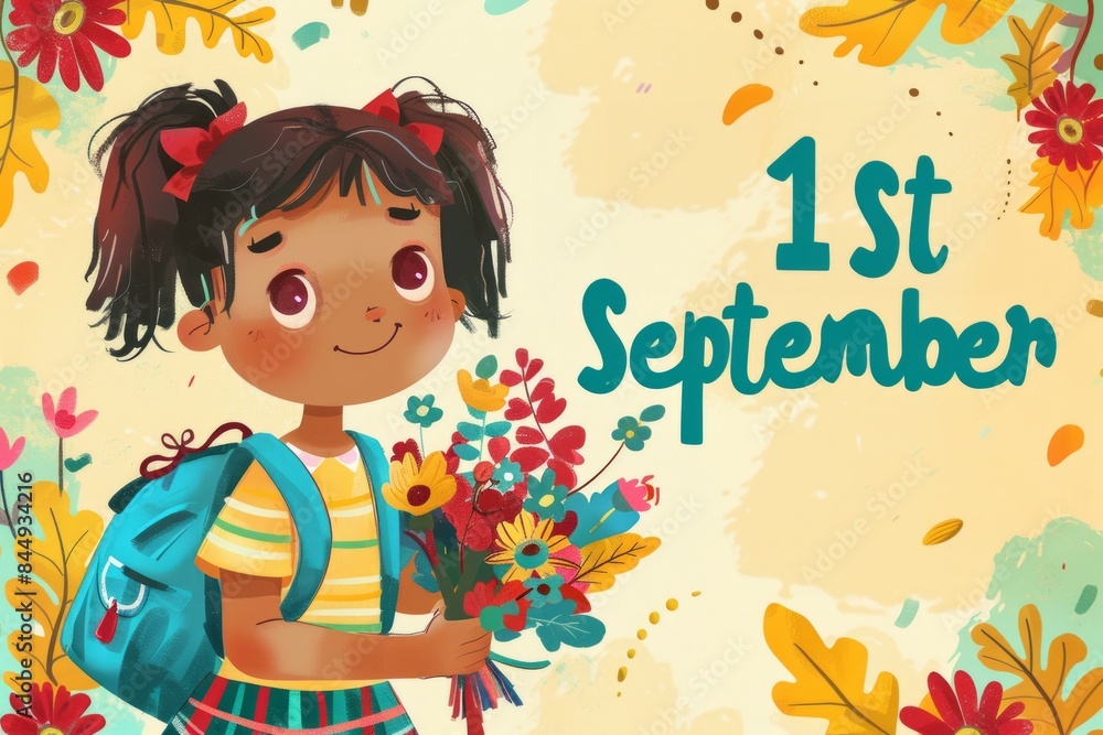 Smiling girl with backpack holding bouquet of colorful flowers ...