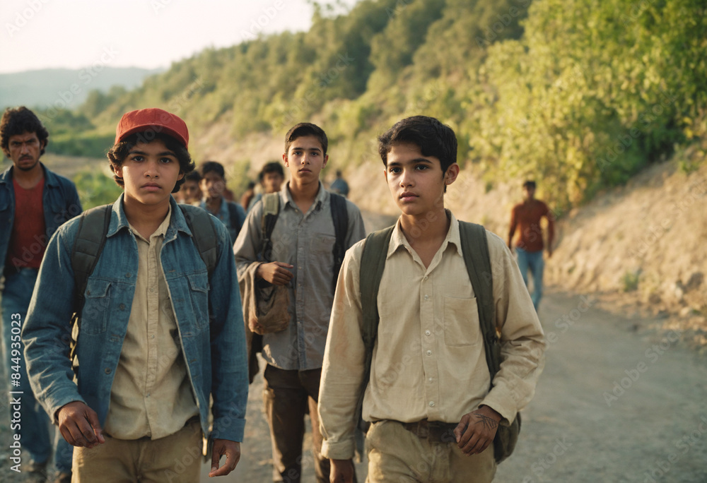 Refugees on dangerous route in wilderness, Mexican or Arab teenage boys ...