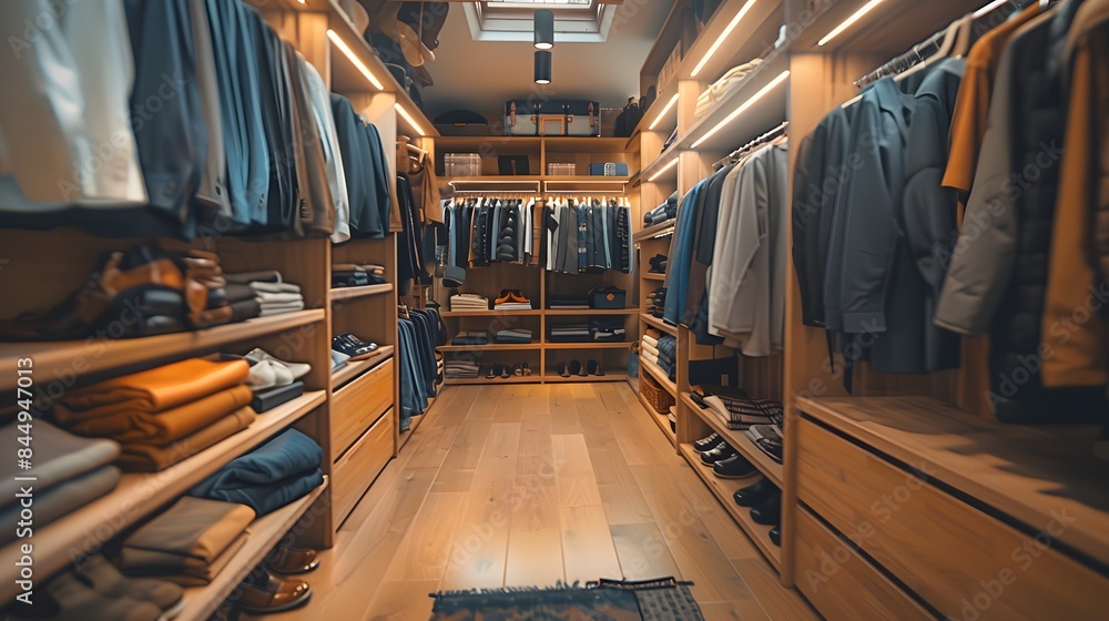 interior wide shot banner of walk in closet dressing up room with ...