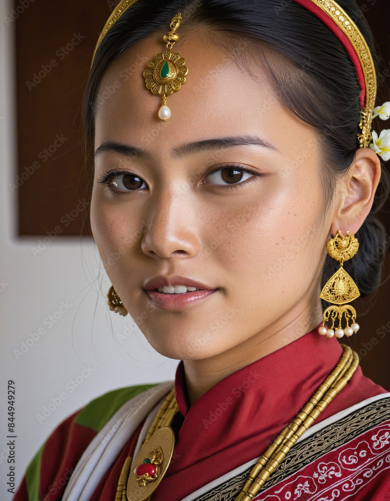 Beautiful Burmese woman showcasing traditional attire in portrait ...