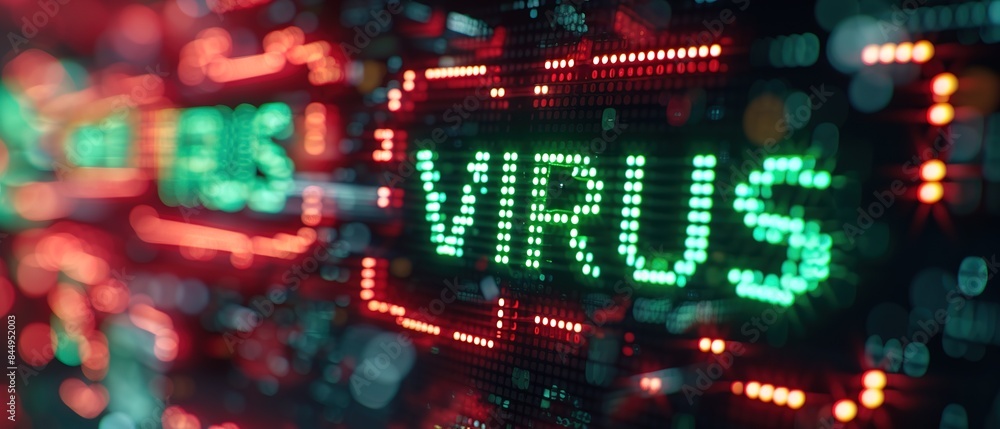 Only the two words "VIRUS" in a pixelated green and red pixelated font ...