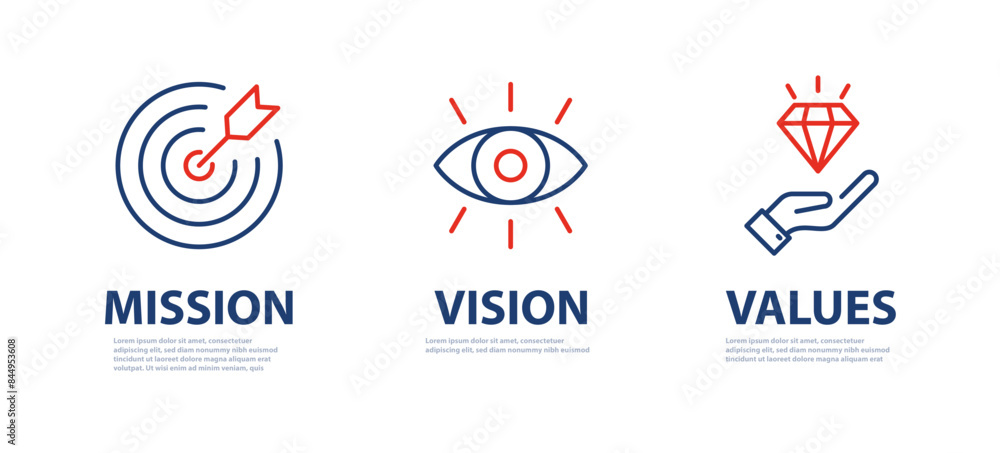 Mission, Vision, Values and Goals Icon Set. Target, Diamond, eye, icon ...