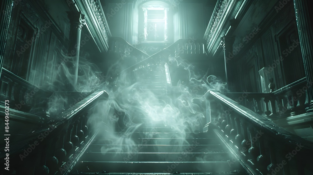 the eerie ambiance of a spooky mansion at night, with a foggy staircase ...