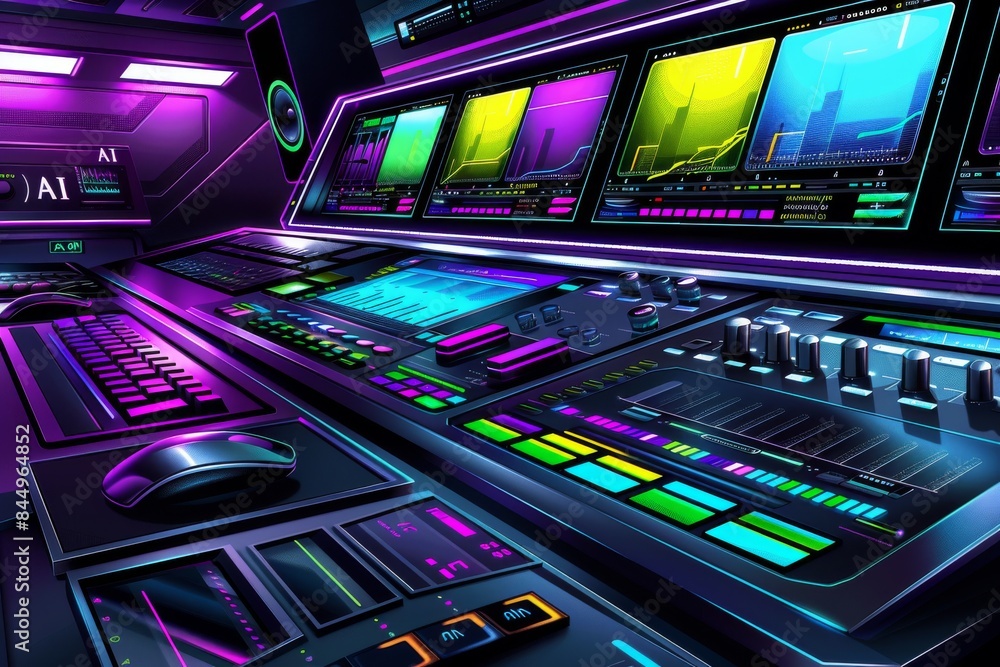 High tech control room with neon lights and digital interfaces ...