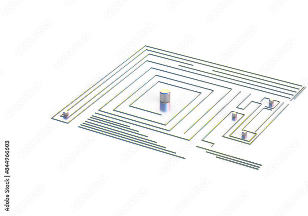 An abstract pattern of lines, a maze. There are shapes of cubes and ...