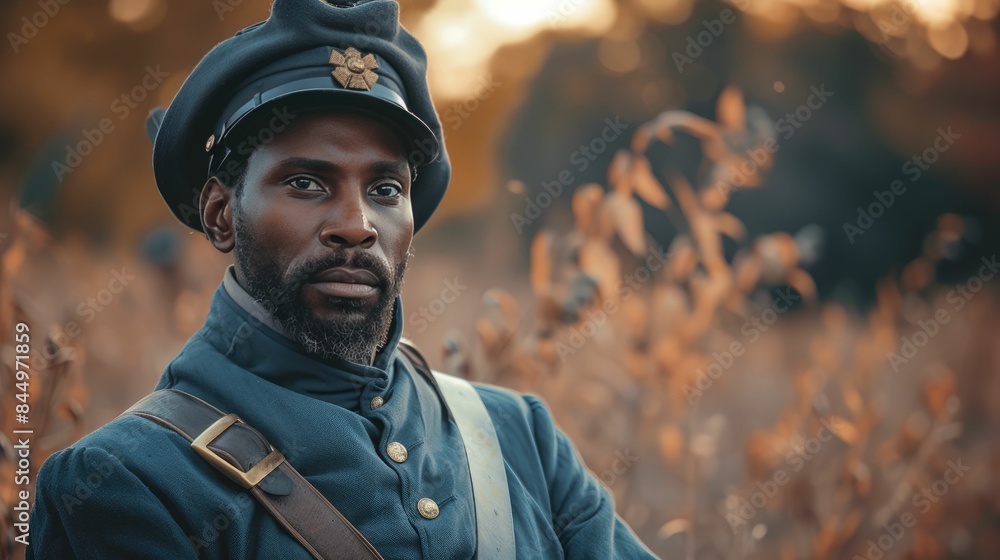Union soldier in Civil War uniform stands in a field of dry grass ...