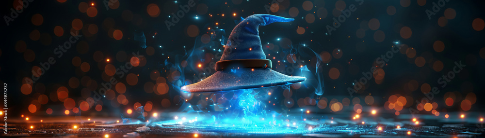 Magical wizard hat floating in mid-air with glowing blue particles ...